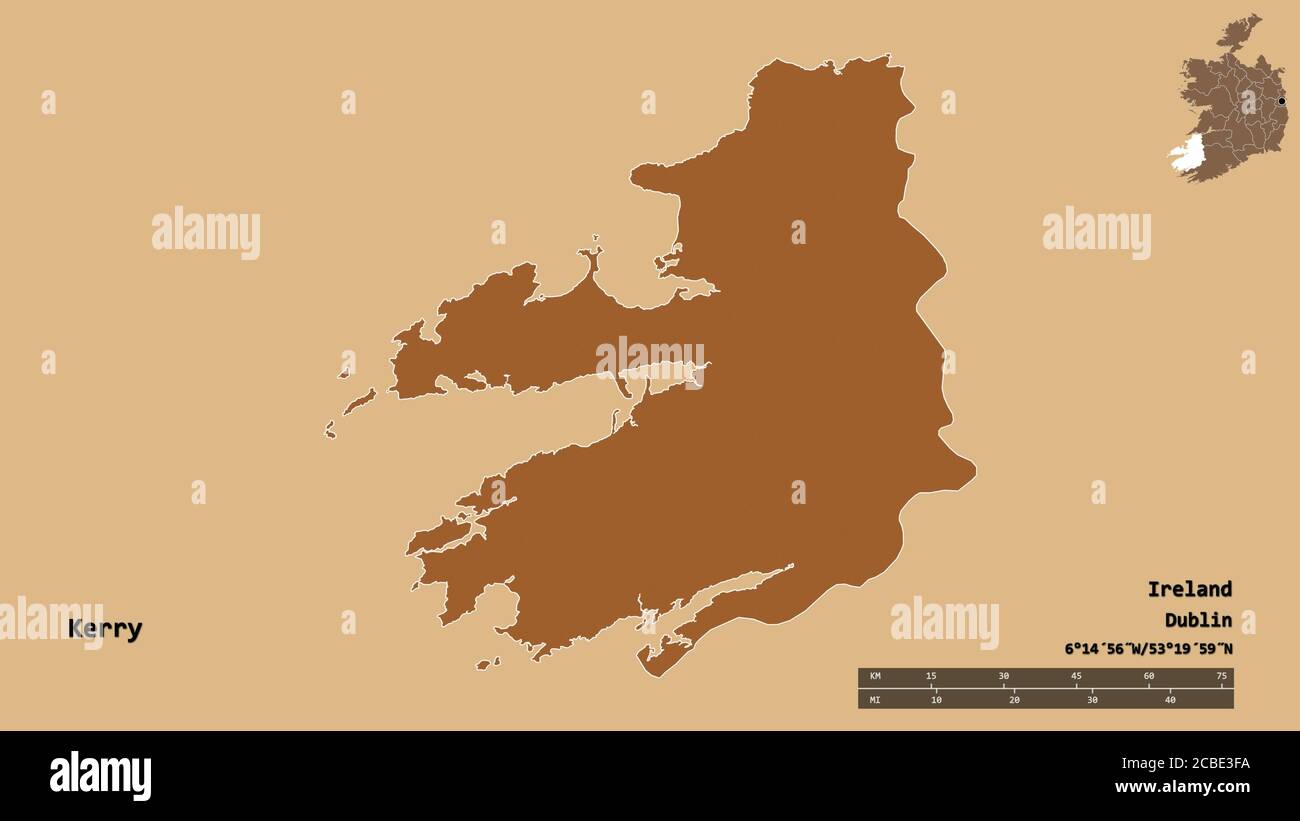 Shape of Kerry, county of Ireland, with its capital isolated on solid ...