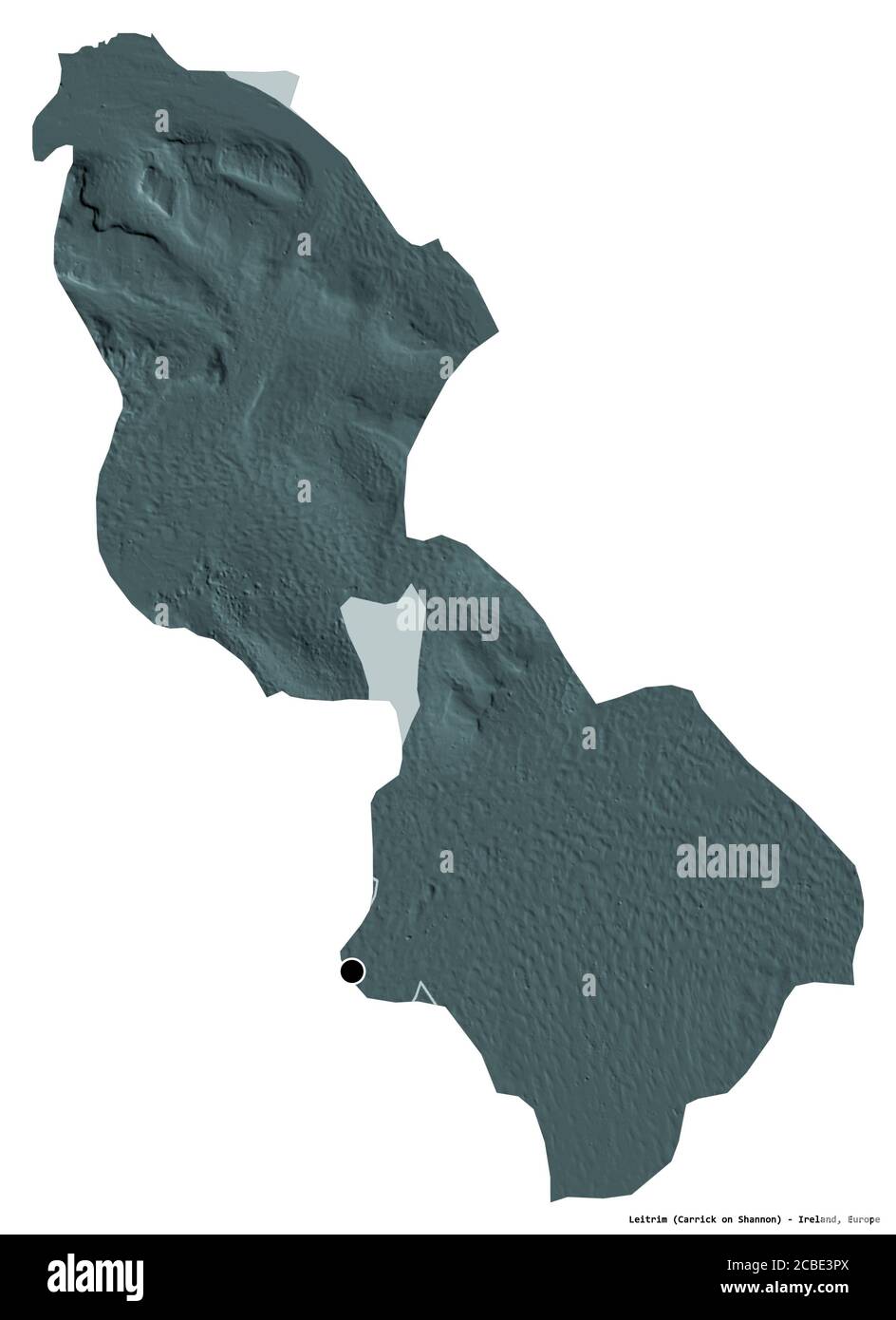 Shape of Leitrim, county of Ireland, with its capital isolated on white ...