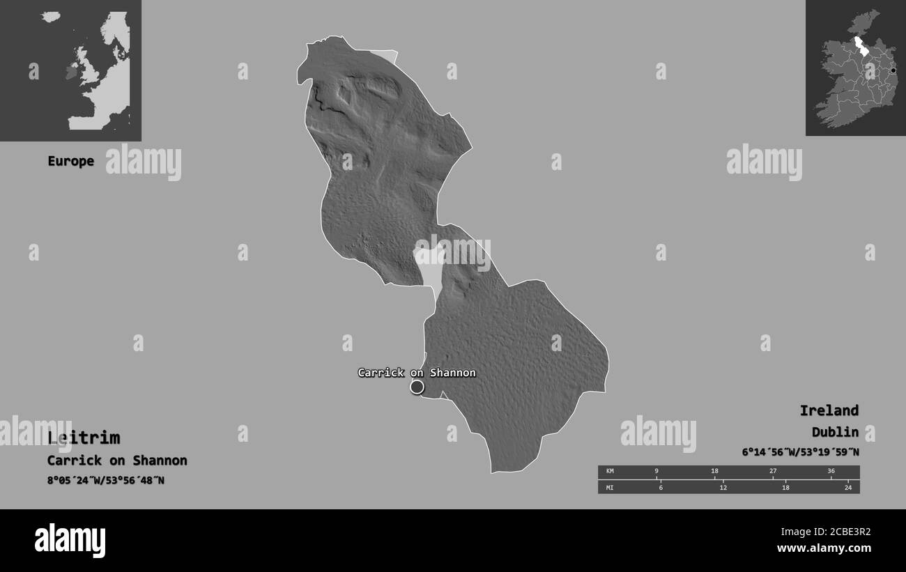 Shape of Leitrim, county of Ireland, and its capital. Distance scale ...