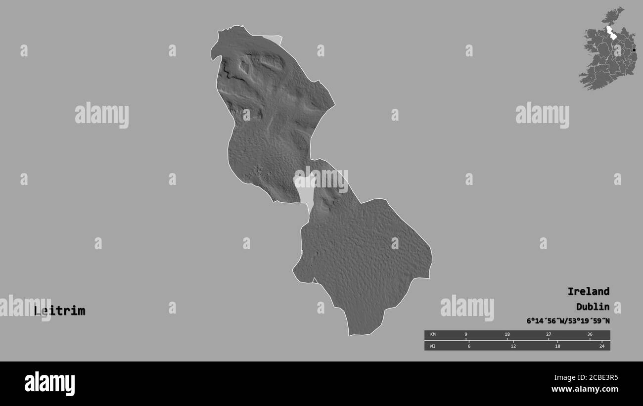 Shape of Leitrim, county of Ireland, with its capital isolated on solid ...