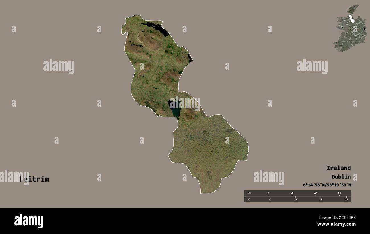 Shape of Leitrim, county of Ireland, with its capital isolated on solid ...