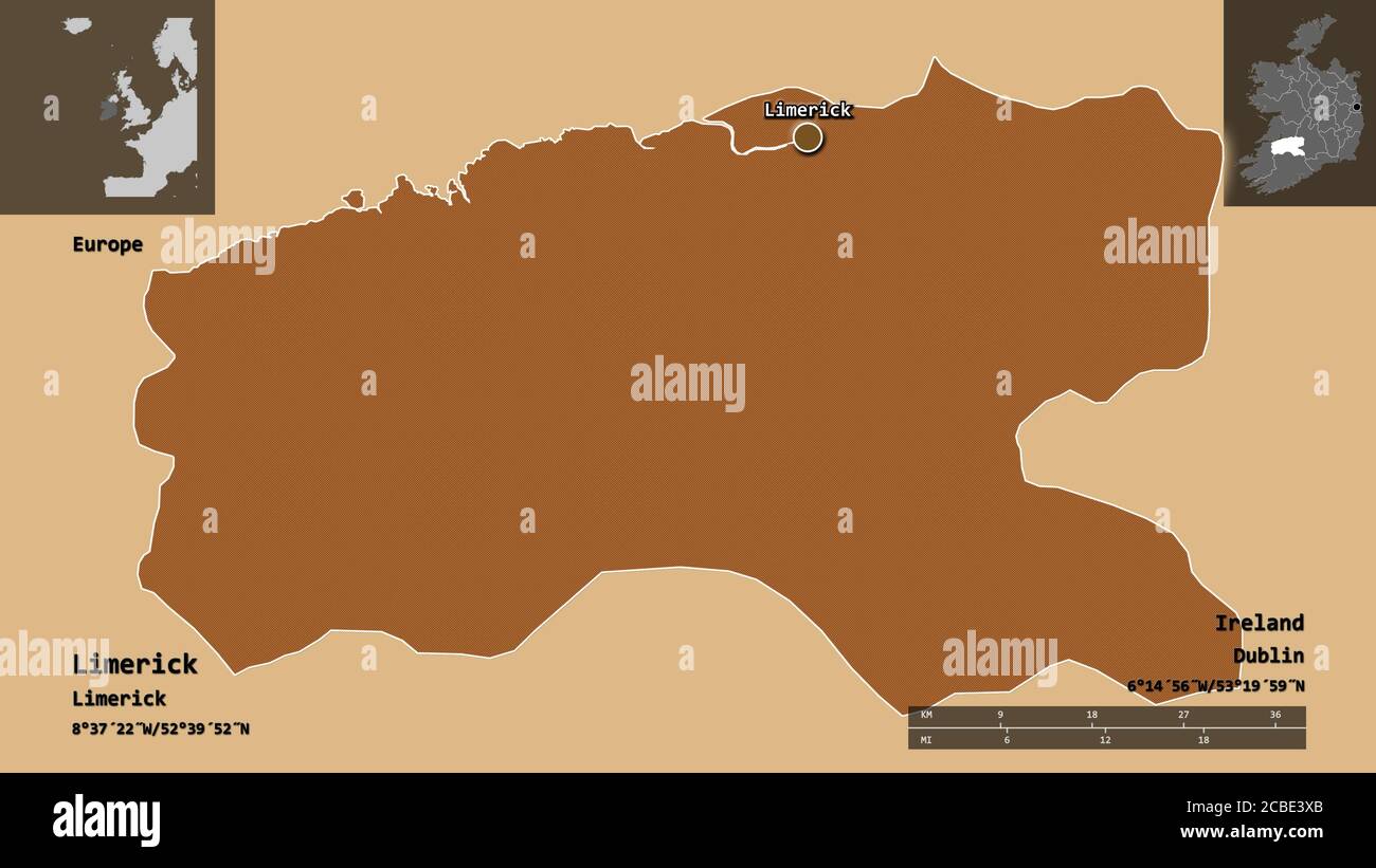 Shape of Limerick, county of Ireland, and its capital. Distance scale ...