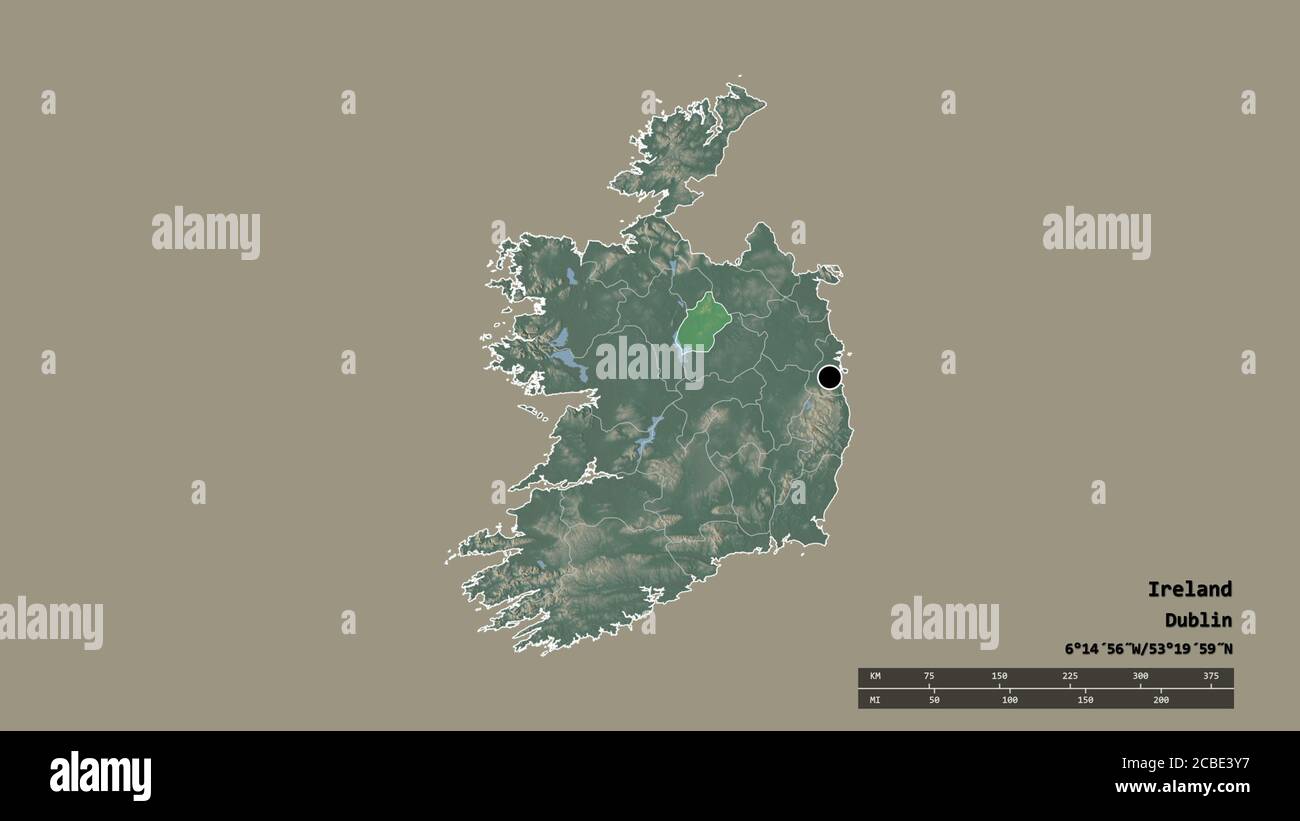 Desaturated shape of Ireland with its capital, main regional division ...