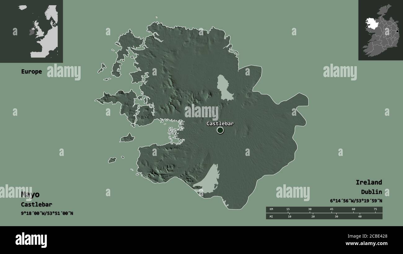 Shape of Mayo, county of Ireland, and its capital. Distance scale ...