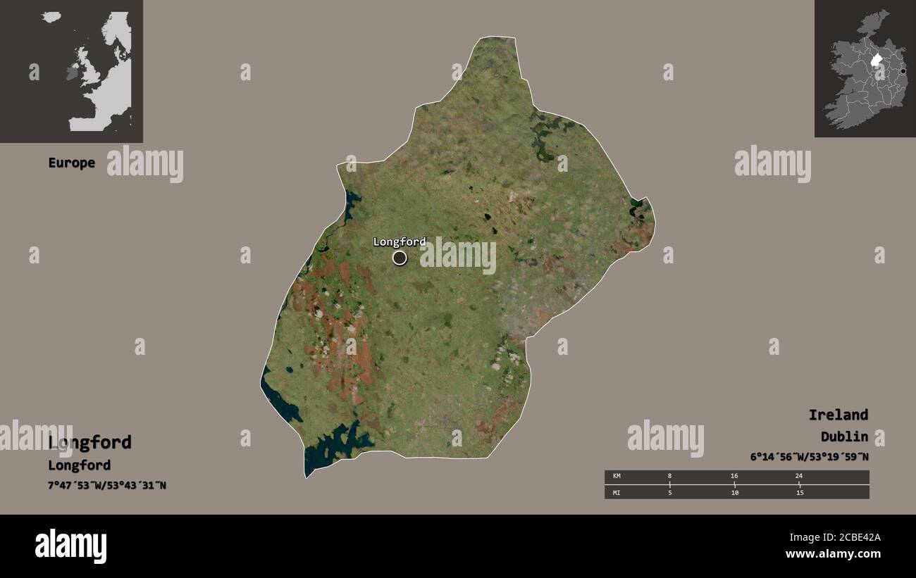 Shape of Longford, county of Ireland, and its capital. Distance scale ...