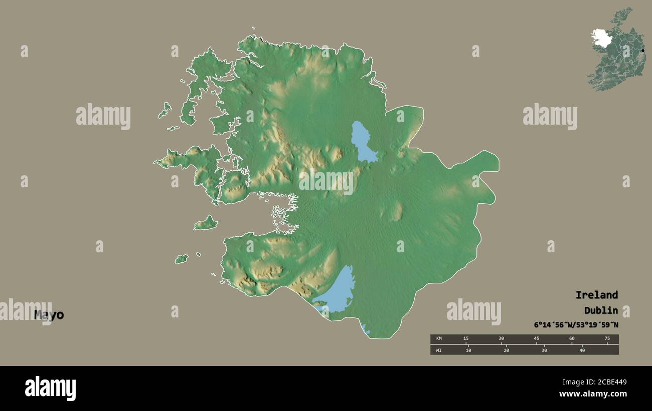 Shape of Mayo, county of Ireland, with its capital isolated on solid ...