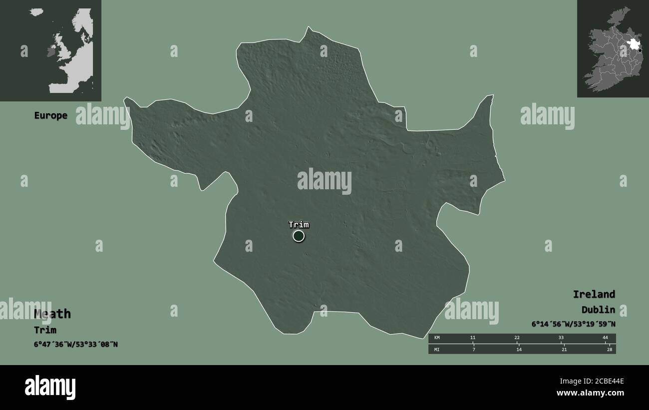 Shape of Meath, county of Ireland, and its capital. Distance scale ...