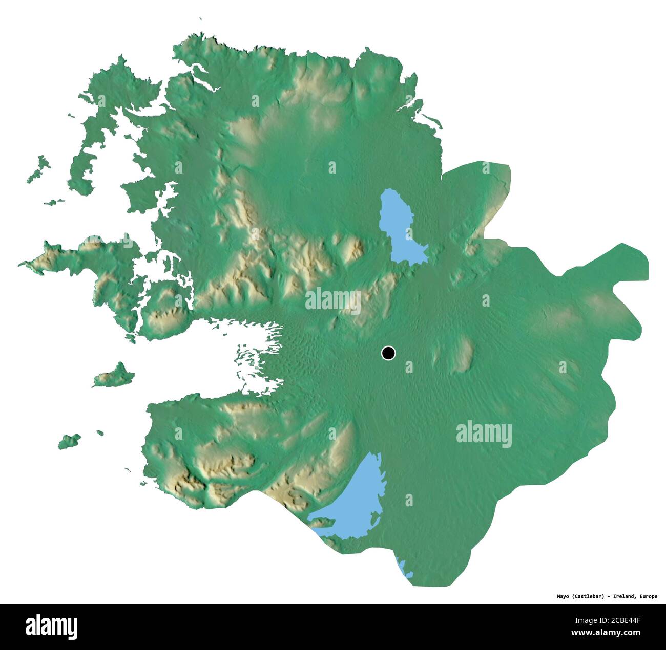 Shape of Mayo, county of Ireland, with its capital isolated on white ...
