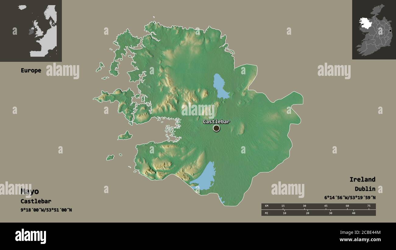 Shape of Mayo, county of Ireland, and its capital. Distance scale ...