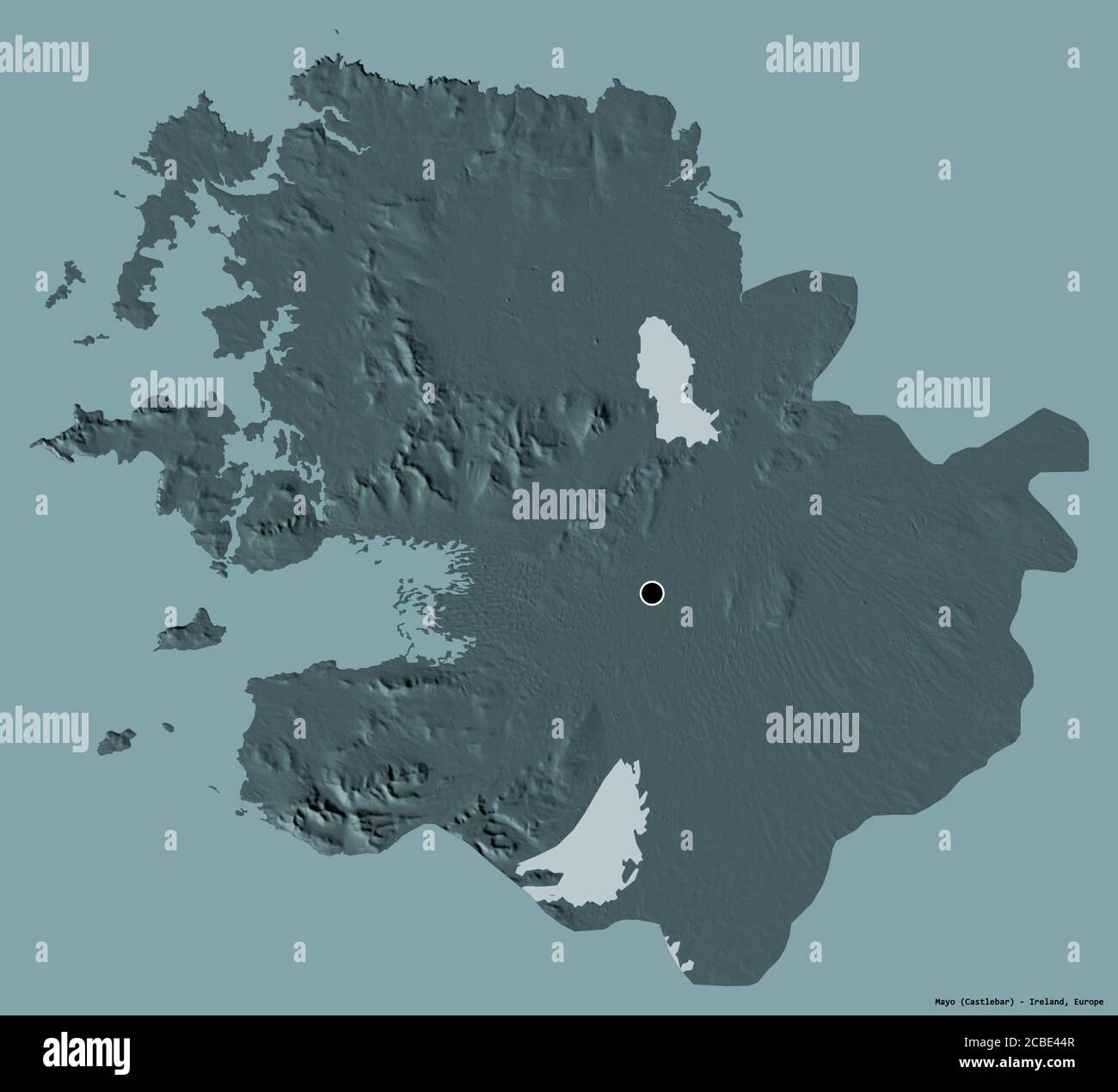 Shape of Mayo, county of Ireland, with its capital isolated on a solid ...