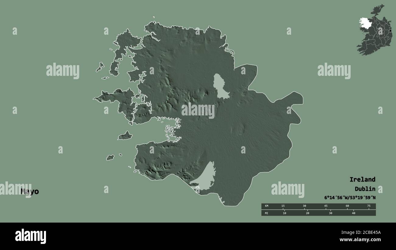 Shape of Mayo, county of Ireland, with its capital isolated on solid ...