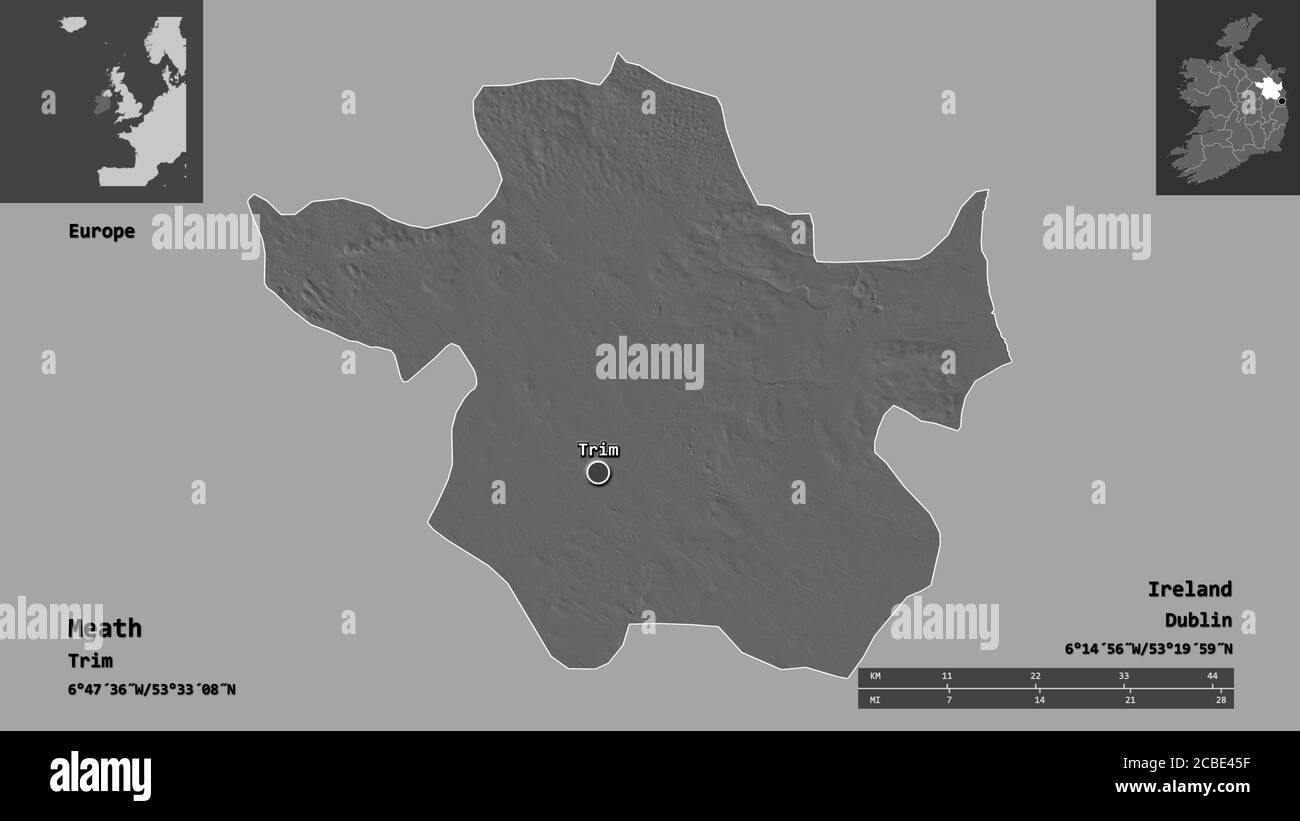 Shape of Meath, county of Ireland, and its capital. Distance scale ...