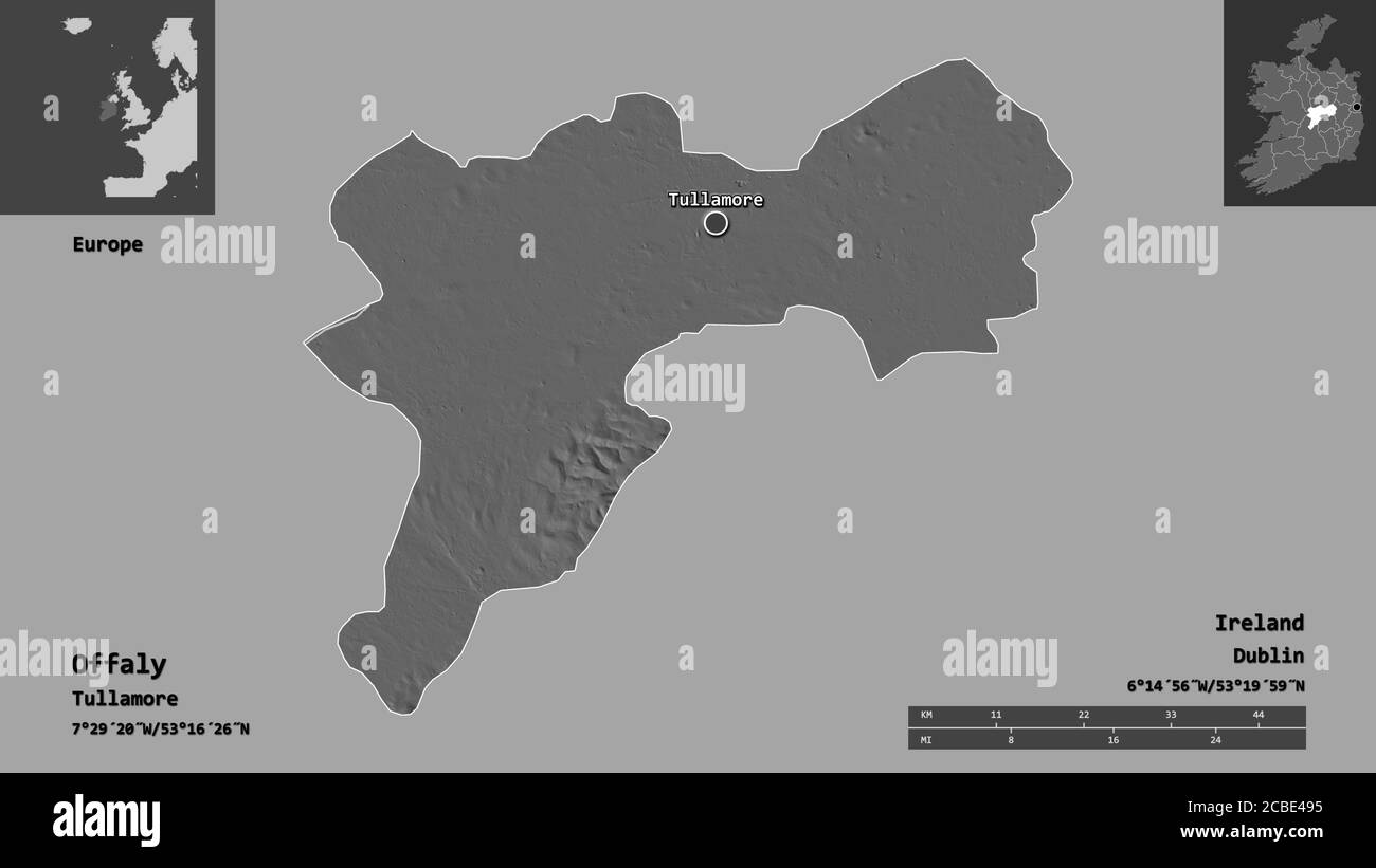 Shape of Offaly, county of Ireland, and its capital. Distance scale ...