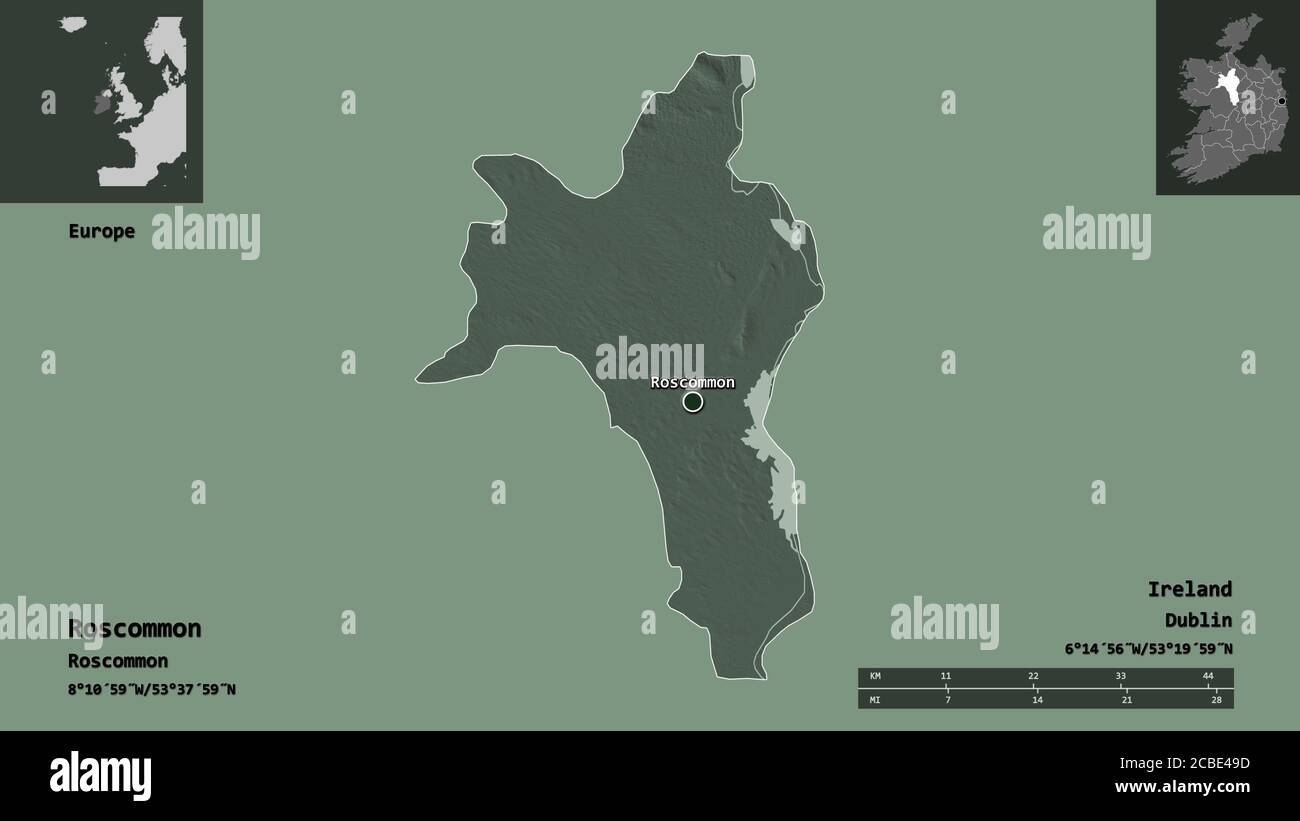 Shape of Roscommon, county of Ireland, and its capital. Distance scale ...