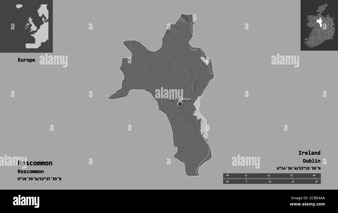 Shape of Roscommon, county of Ireland, and its capital. Distance scale ...