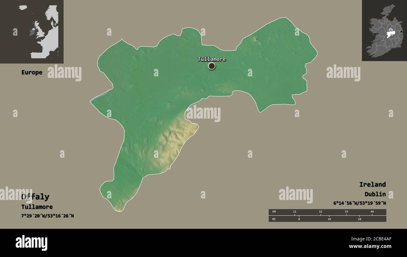 Shape of Offaly, county of Ireland, and its capital. Distance scale ...
