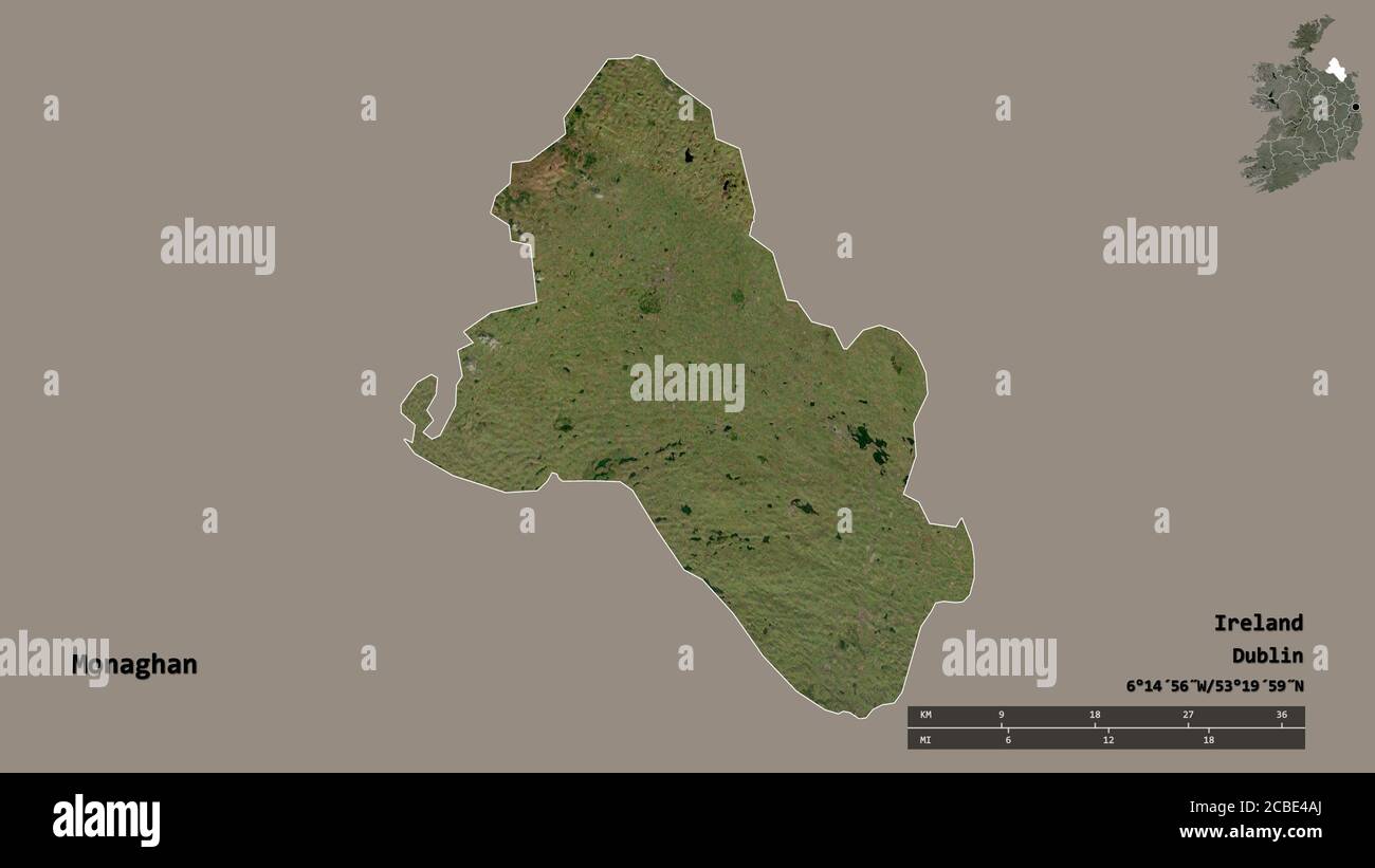 Shape of Monaghan, county of Ireland, with its capital isolated on ...