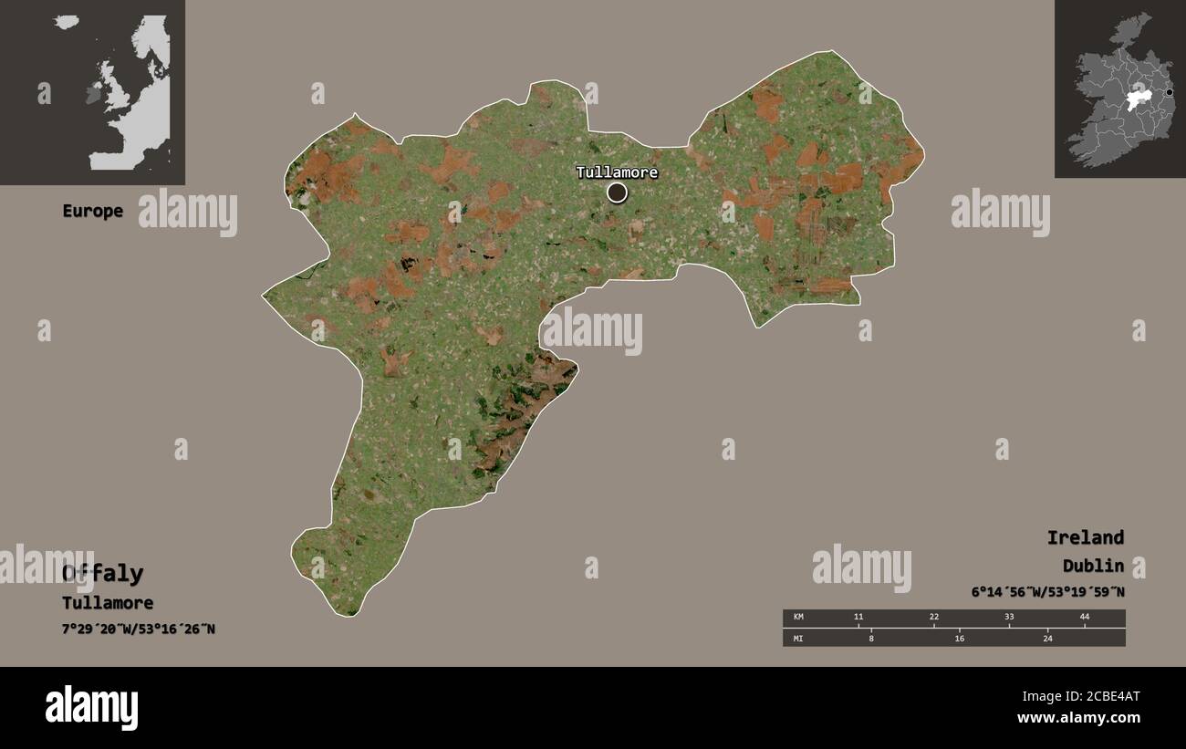 Shape of Offaly, county of Ireland, and its capital. Distance scale ...