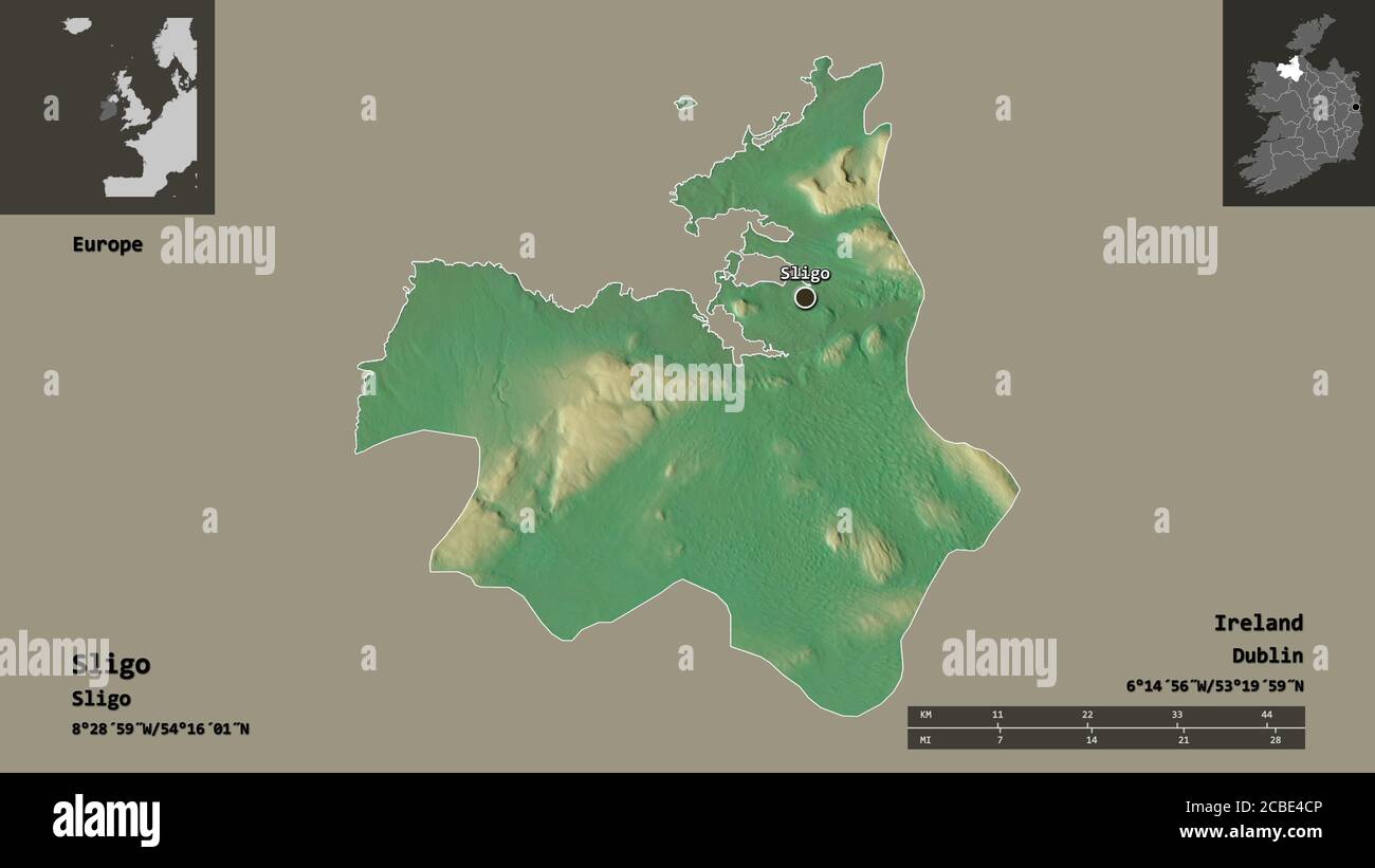 Shape of Sligo, county of Ireland, and its capital. Distance scale ...