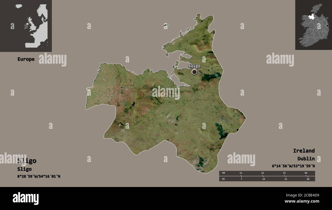Shape of Sligo, county of Ireland, and its capital. Distance scale ...