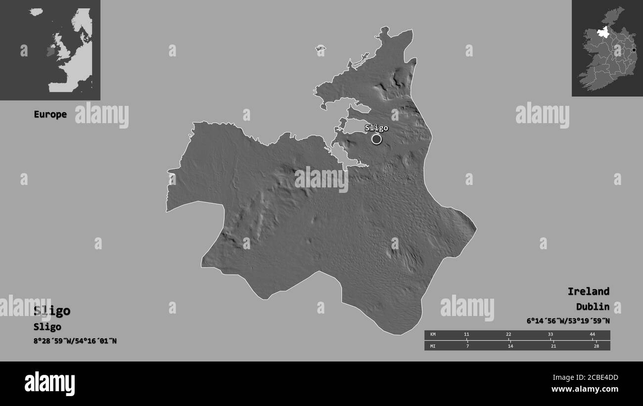 Shape of Sligo, county of Ireland, and its capital. Distance scale ...