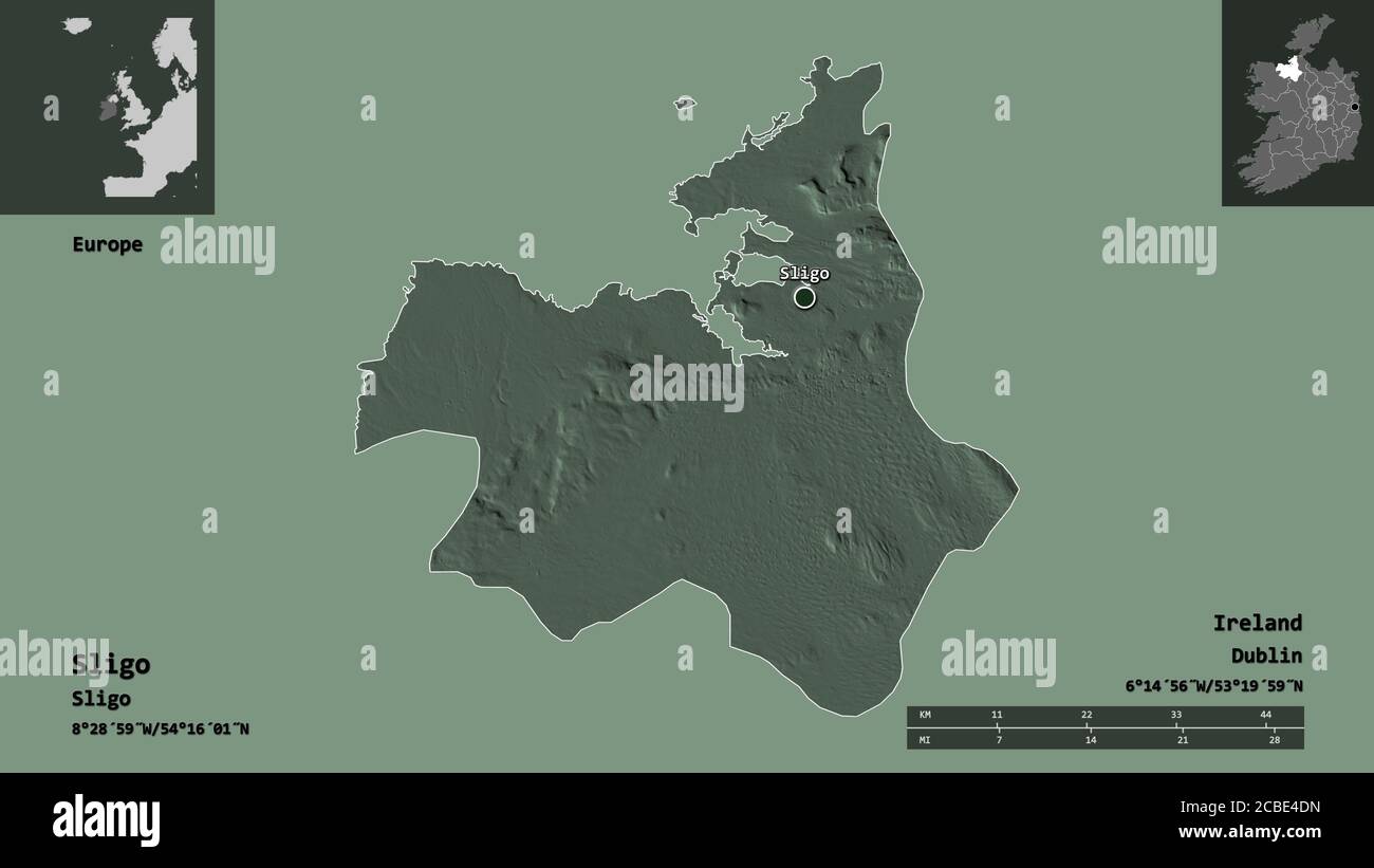 Shape of Sligo, county of Ireland, and its capital. Distance scale ...