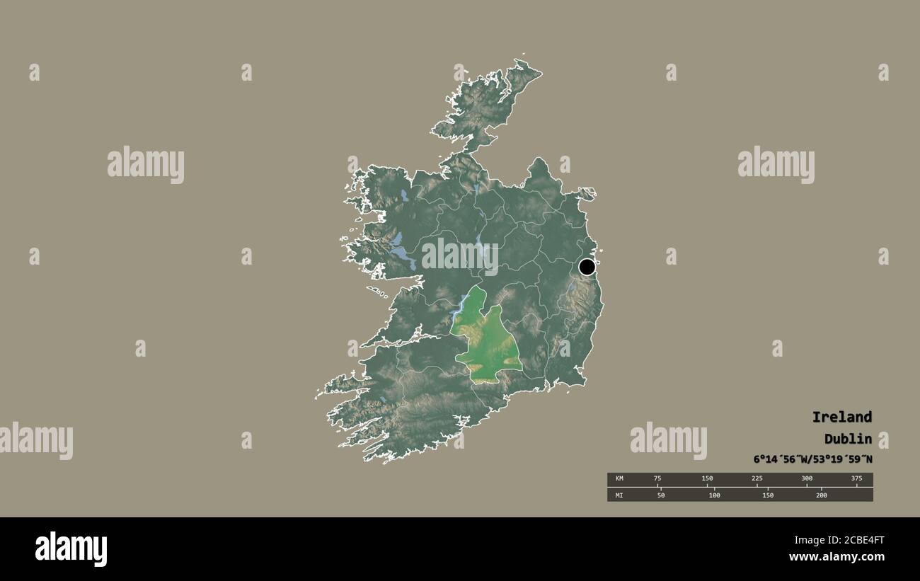 Desaturated shape of Ireland with its capital, main regional division ...