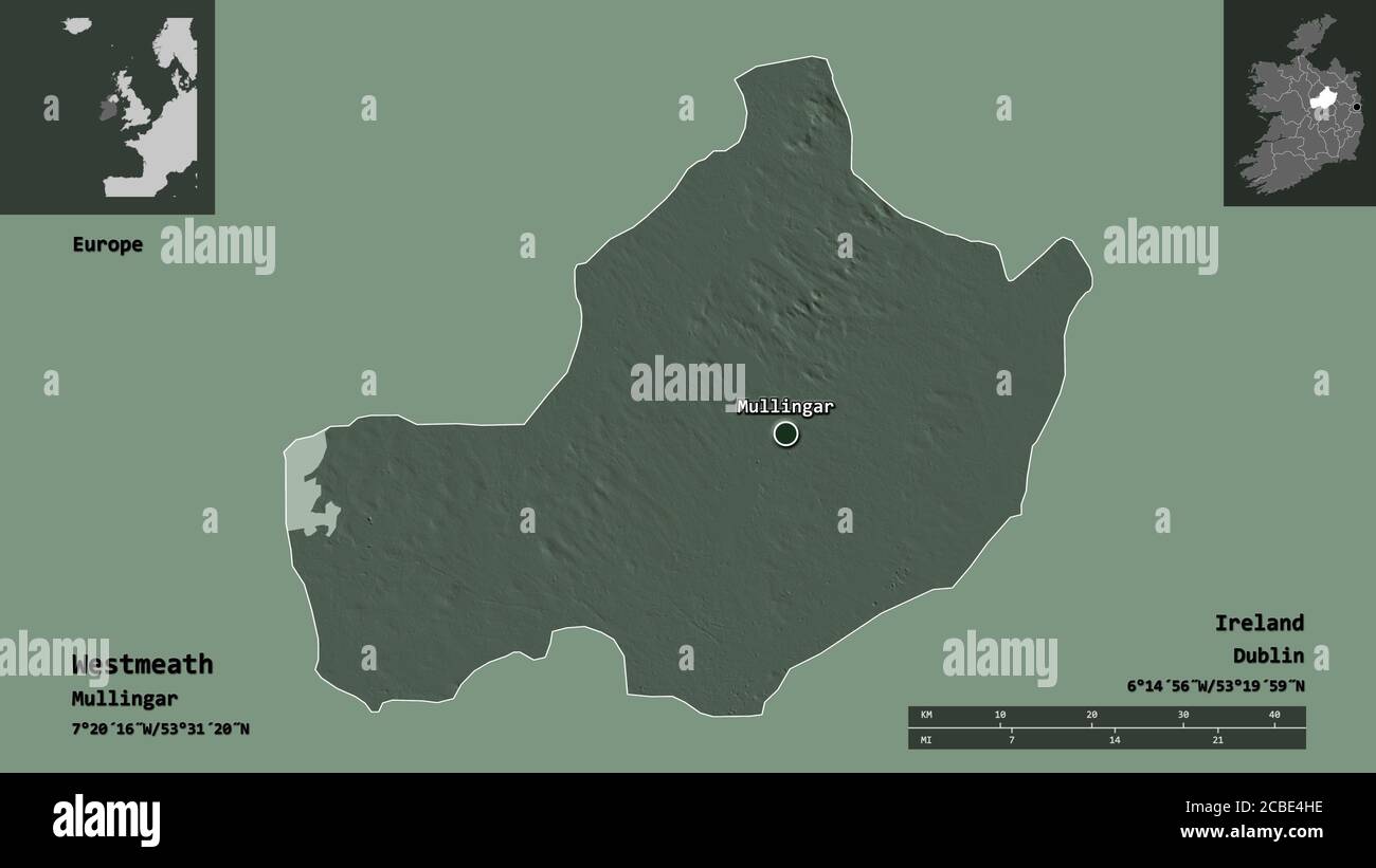 Shape of Westmeath, county of Ireland, and its capital. Distance scale ...