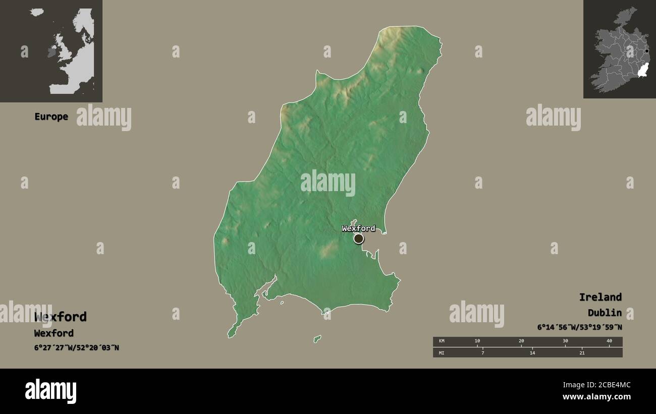 Shape of Wexford, county of Ireland, and its capital. Distance scale ...
