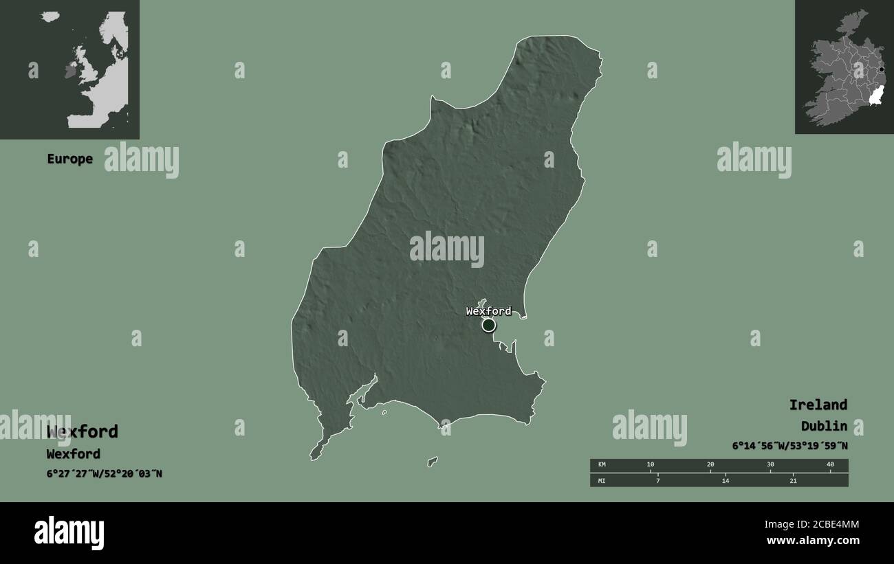 Shape of Wexford, county of Ireland, and its capital. Distance scale ...