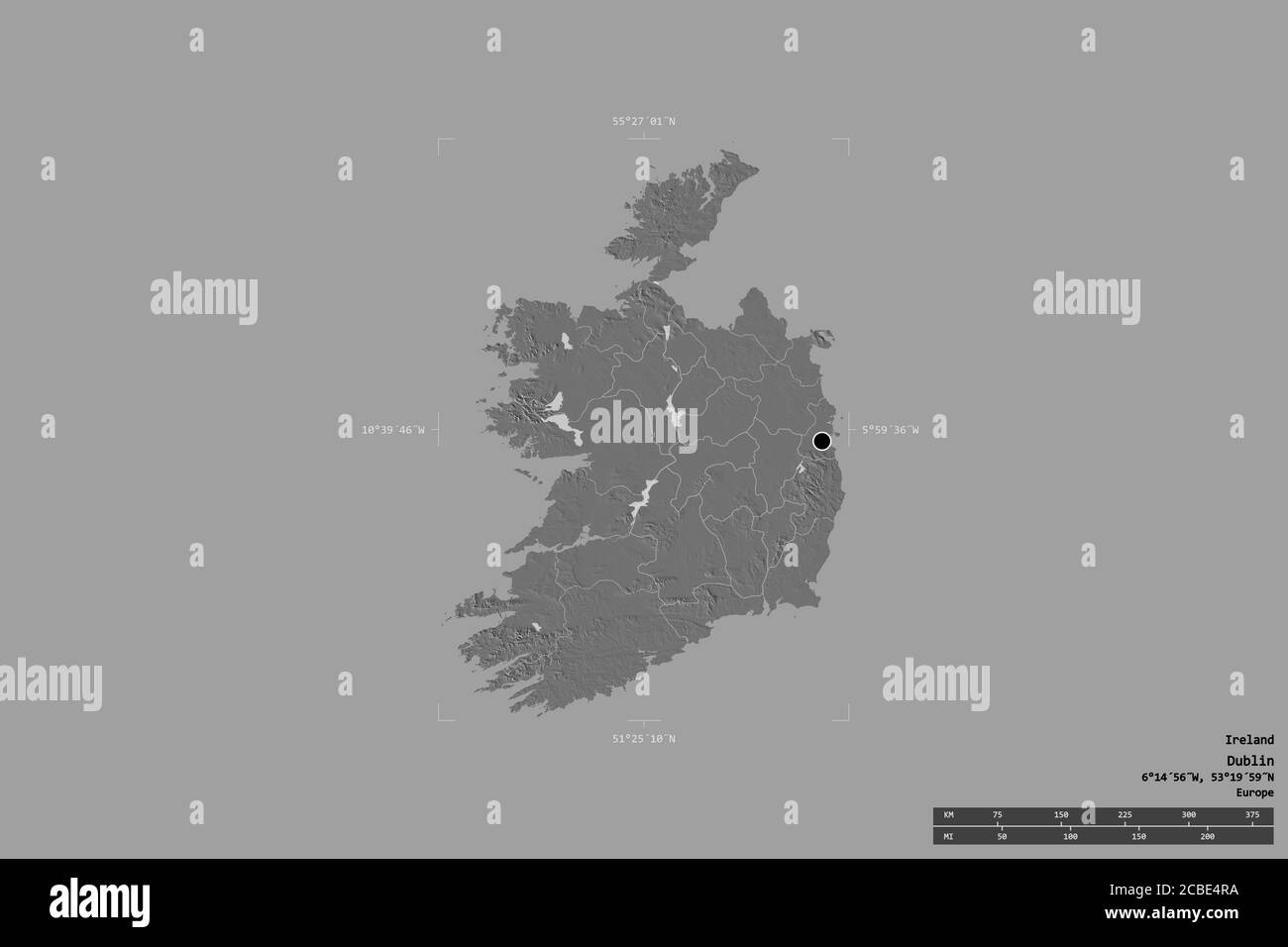 Area of Ireland isolated on a solid background in a georeferenced ...