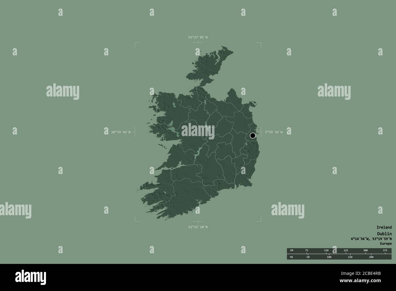 Area of Ireland isolated on a solid background in a georeferenced ...