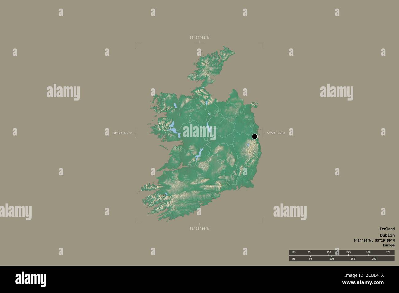 Area of Ireland isolated on a solid background in a georeferenced ...
