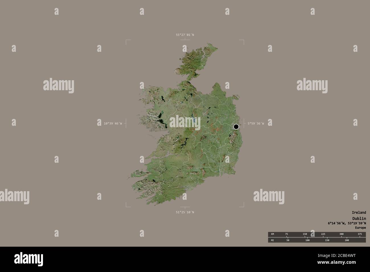 Area of Ireland isolated on a solid background in a georeferenced ...