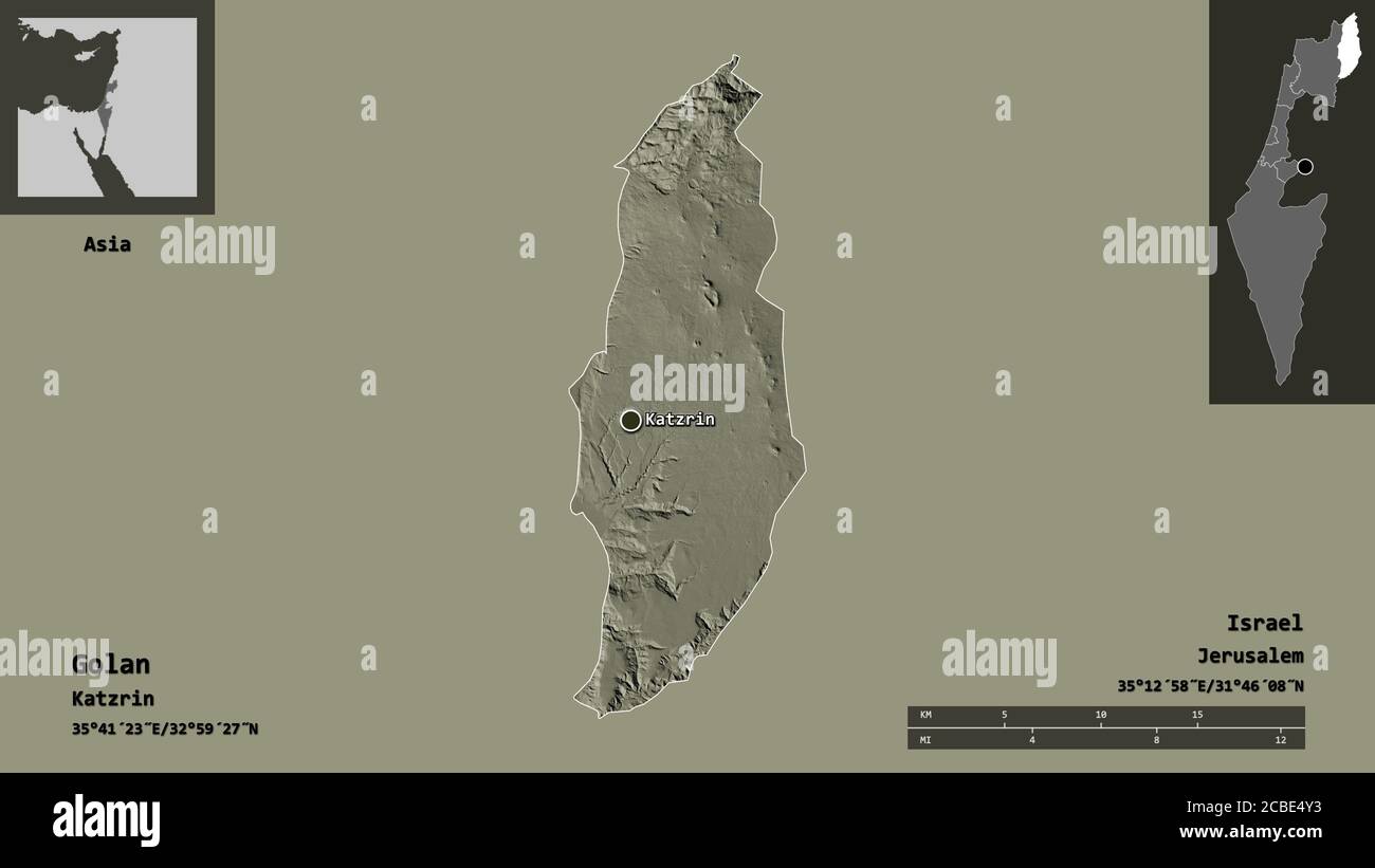 Shape of Golan, district of Israel, and its capital. Distance scale ...