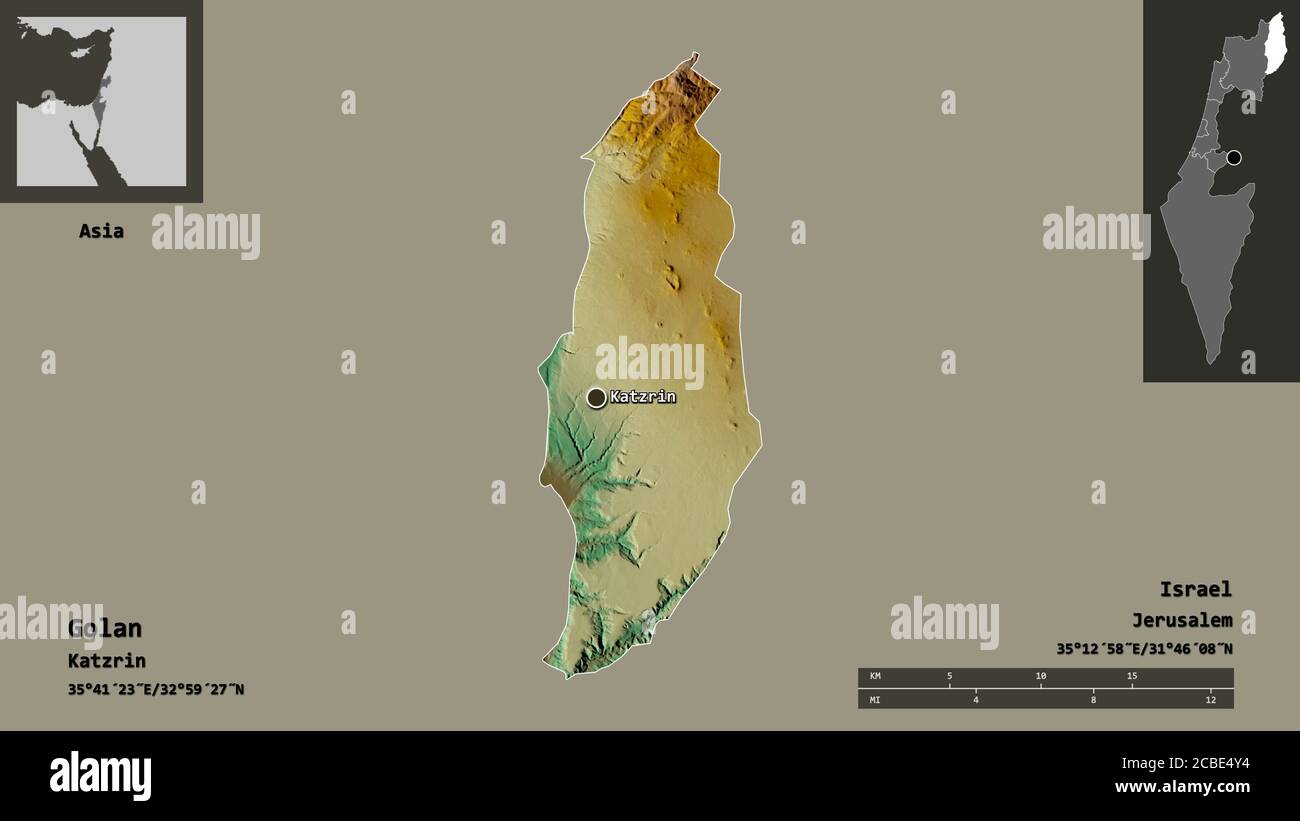 Shape of Golan, district of Israel, and its capital. Distance scale ...