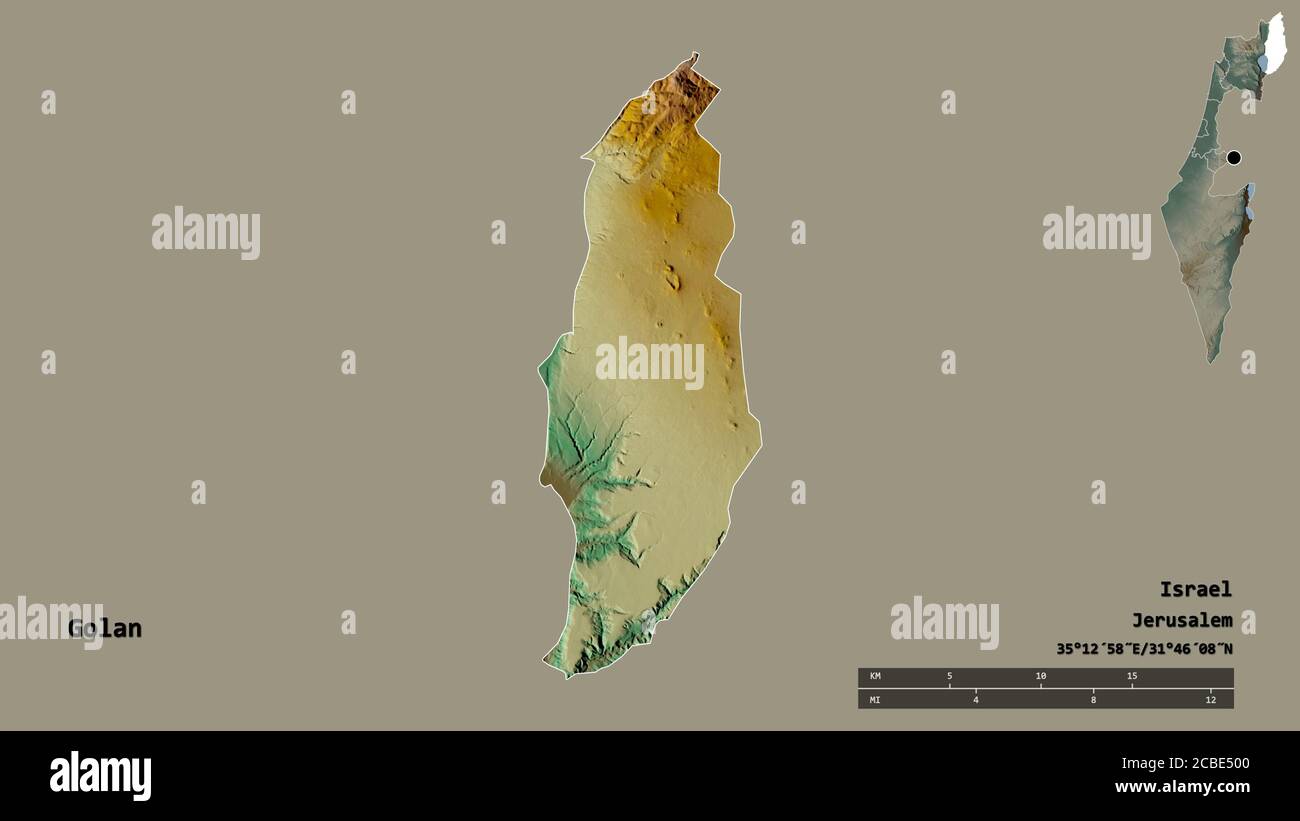 Shape of Golan, district of Israel, with its capital isolated on solid ...