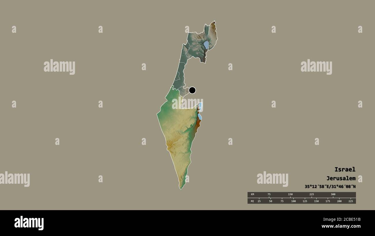 Desaturated shape of Israel with its capital, main regional division ...