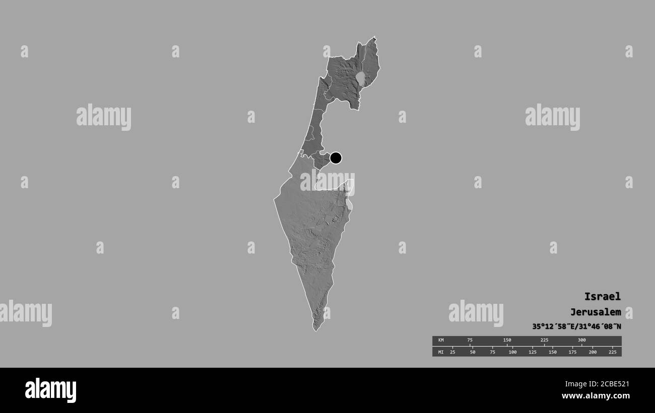 Desaturated shape of Israel with its capital, main regional division ...