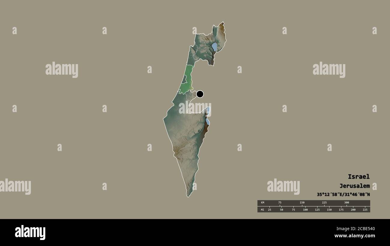 Desaturated shape of Israel with its capital, main regional division ...