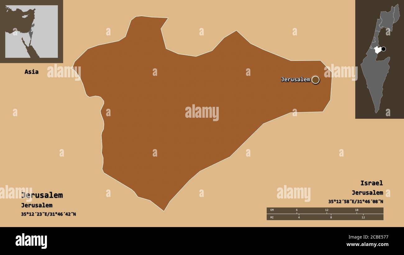 Shape of Jerusalem, district of Israel, and its capital. Distance scale ...
