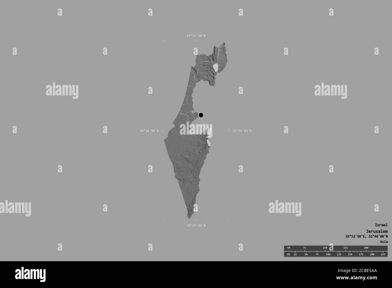 Area of Israel isolated on a solid background in a georeferenced ...