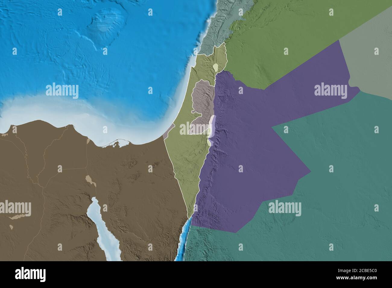 Extended area of outlined Israel. Colored elevation map. 3D rendering ...