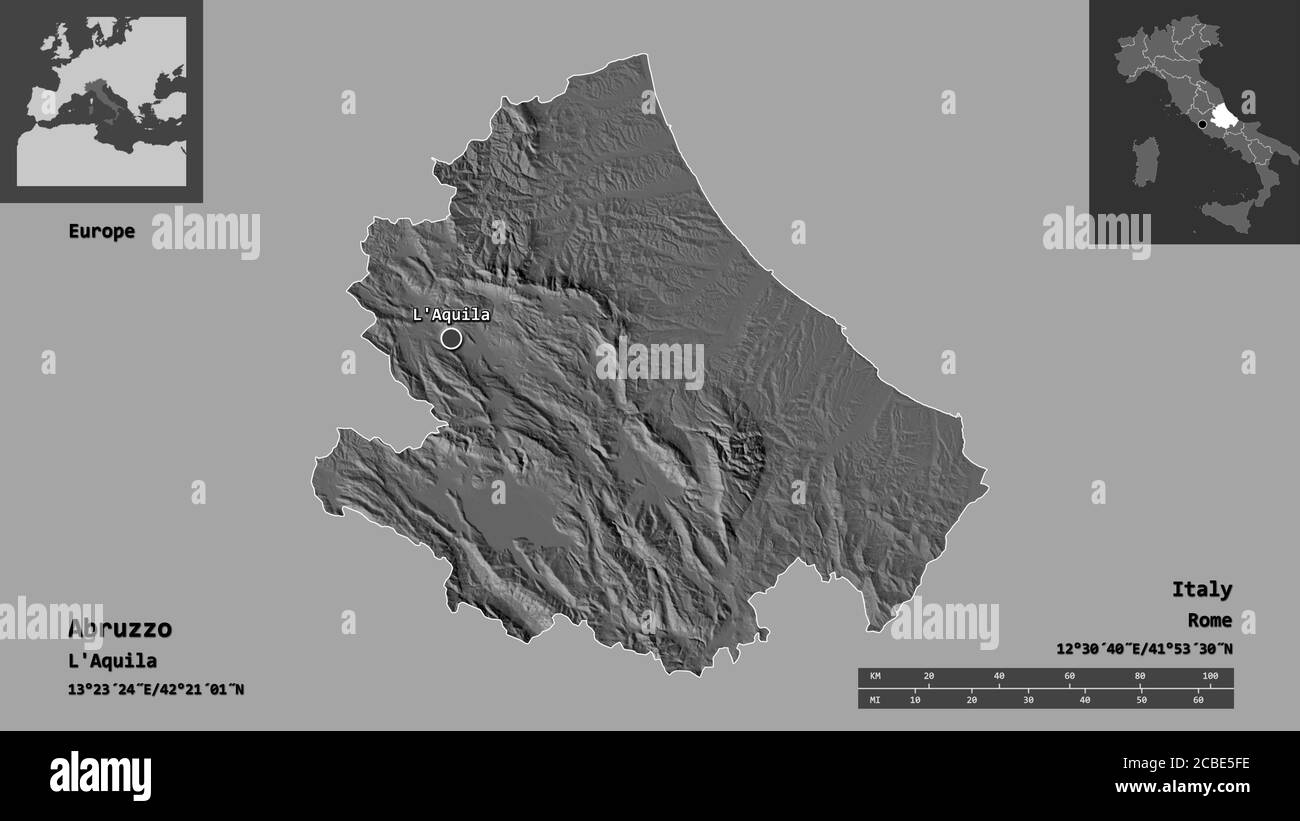Shape of Abruzzo, region of Italy, and its capital. Distance scale ...