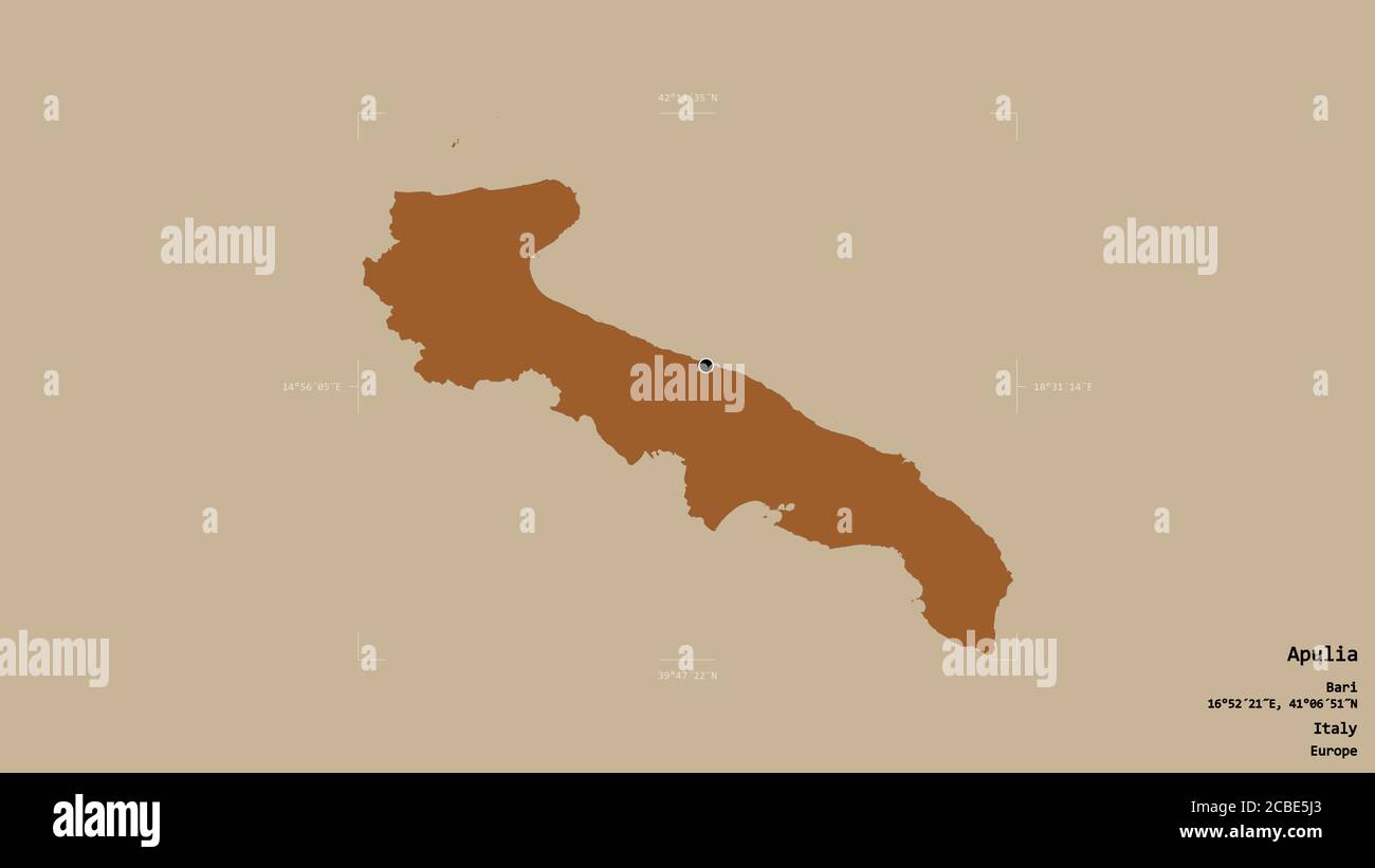 Area of Apulia, region of Italy, isolated on a solid background in a ...