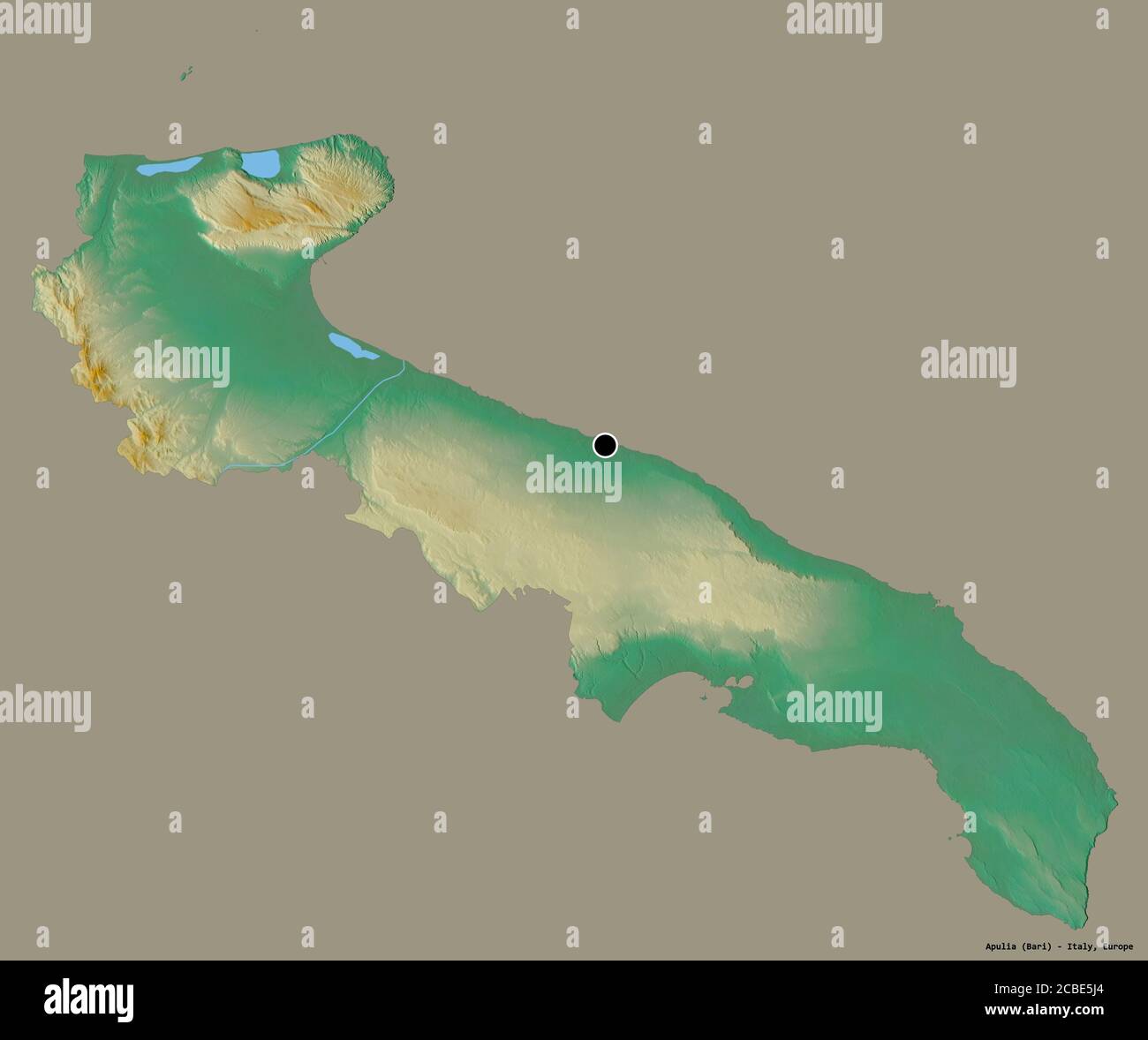 Shape of Apulia, region of Italy, with its capital isolated on a solid ...