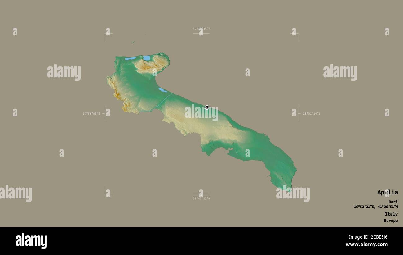 Area of Apulia, region of Italy, isolated on a solid background in a ...