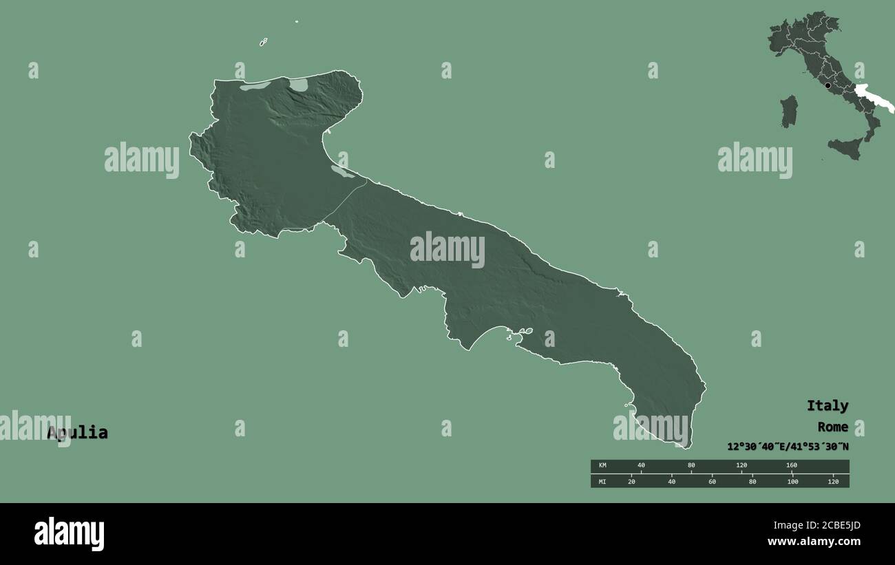 Shape of Apulia, region of Italy, with its capital isolated on solid ...