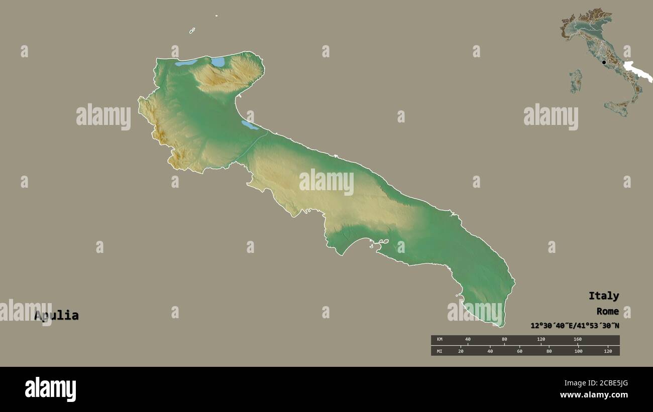 Shape of Apulia, region of Italy, with its capital isolated on solid ...