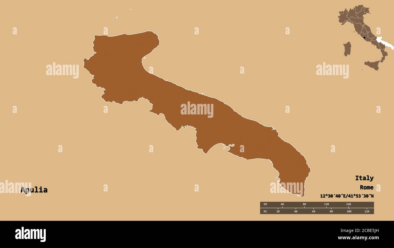 Shape of Apulia, region of Italy, with its capital isolated on solid ...